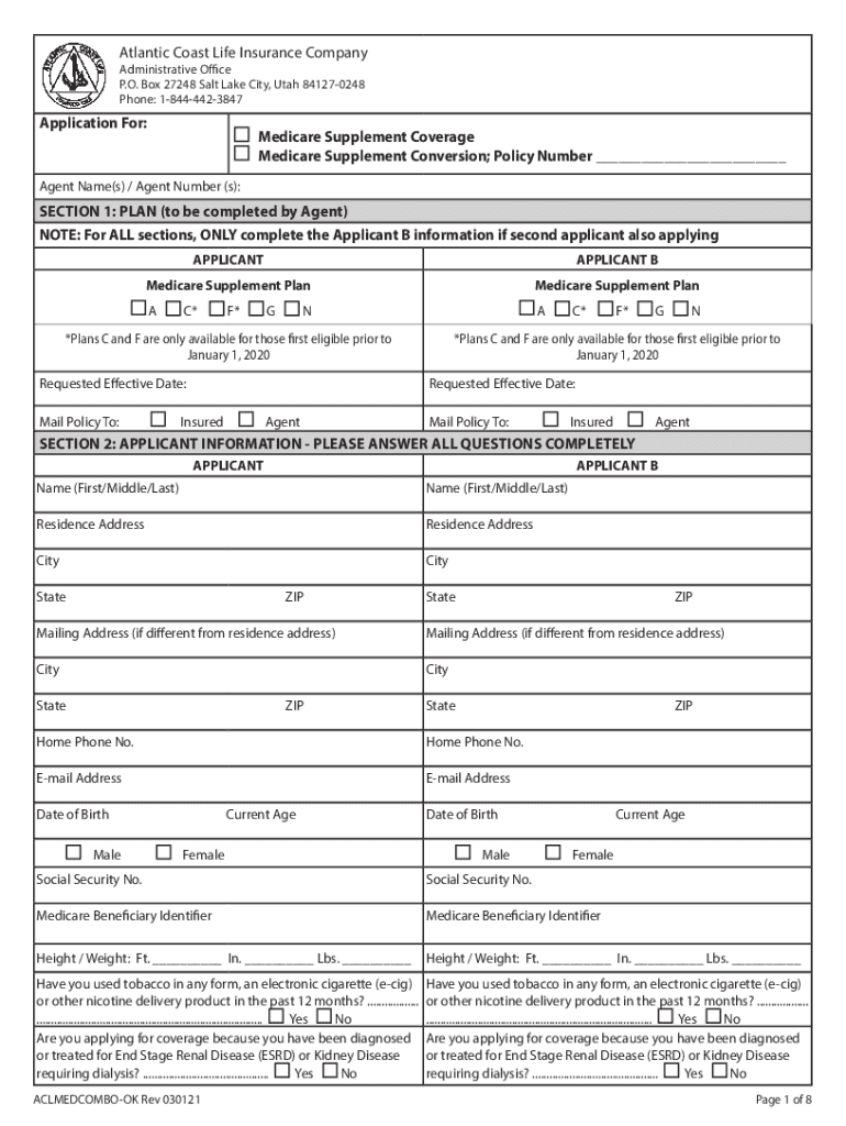 Fillable Online Atlantic Coast Life Insurance Company Application For ...