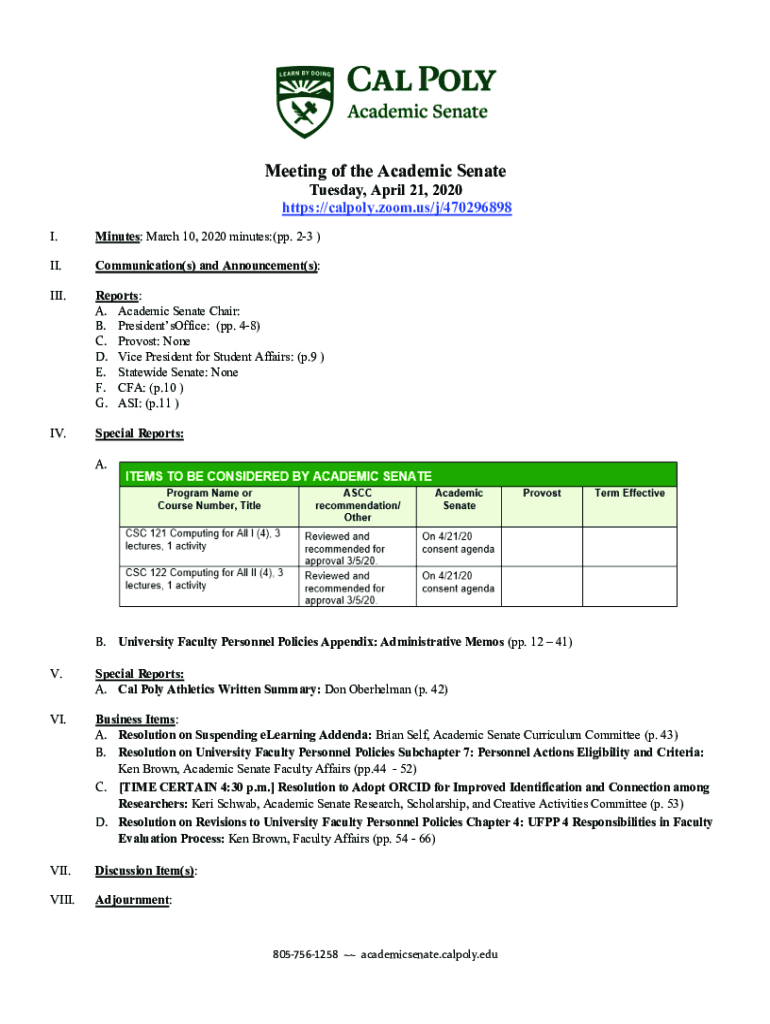 Fillable Online Academic Senate Agenda 042120 Fax Email Print - pdfFiller