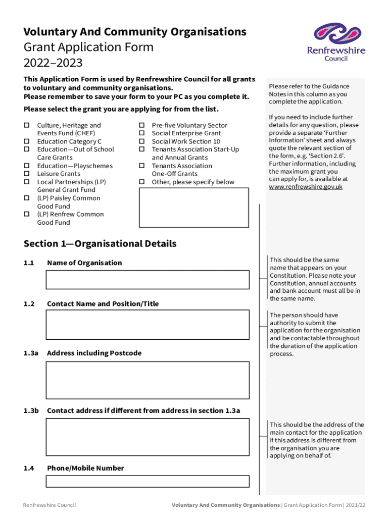 Fillable Online Grant Application Form 20212022 - Renfrewshire Council ...