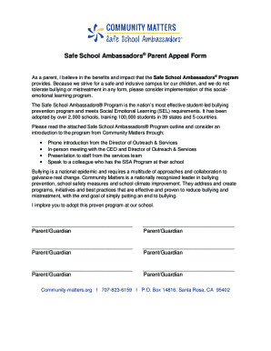 Fillable Online Safe School Ambassadors Parent Appeal Form Fax Email ...