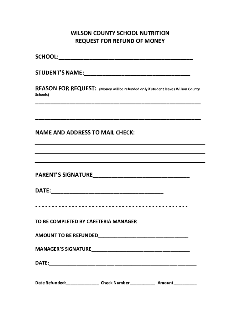 Fillable Online Refund of Lunch Money Request.pdf - Wilson County ...