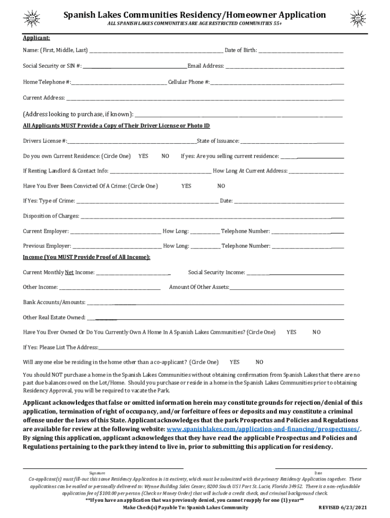 Application To Stay At Spanish Lakes - Fill Online, Printable, Fillable ...