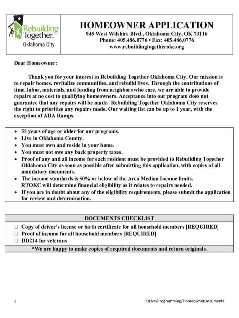 Fillable Online HOMEOWNER APPLICATION - Rebuilding Together OKC Fax ...