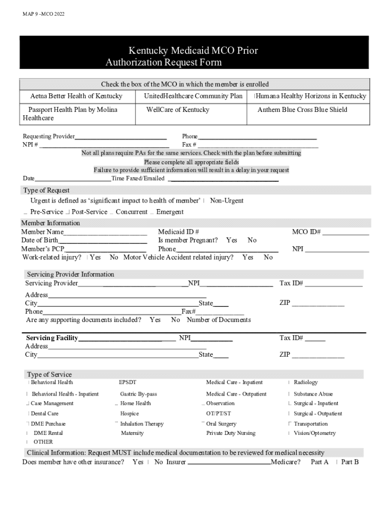 Fillable Online Kentucky Medicaid MCO Prior Authorization Request Form. Kentucky Medicaid MCO ...