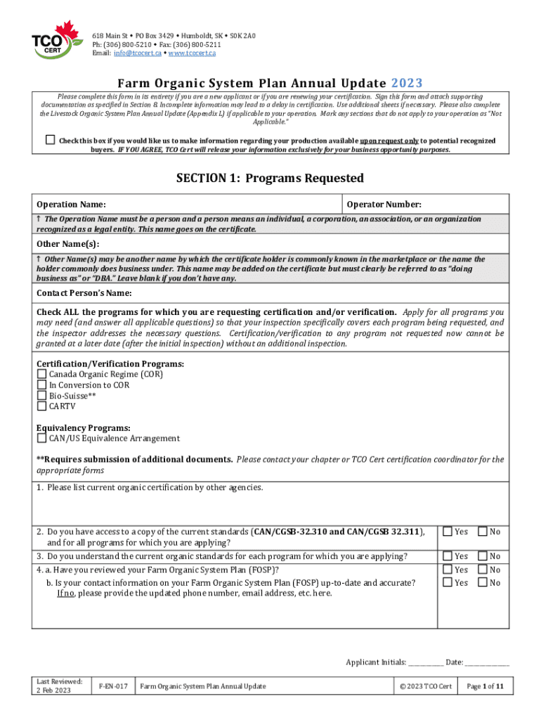Fillable Online Wild Harvest Organic System Plan Annual Update - TCO ...