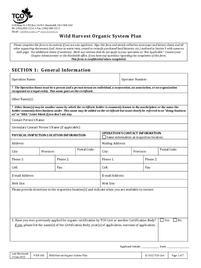 Fillable Online Wild Harvest Organic System Plan SECTION 1 - TCO Cert Fax Email Print - pdfFiller