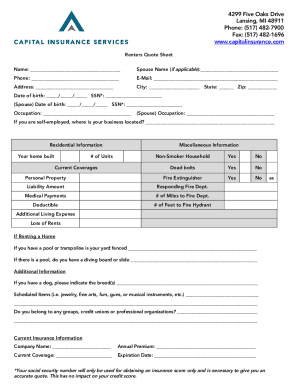 Fillable Online Renters Quote Sheet Fax Email Print - pdfFiller