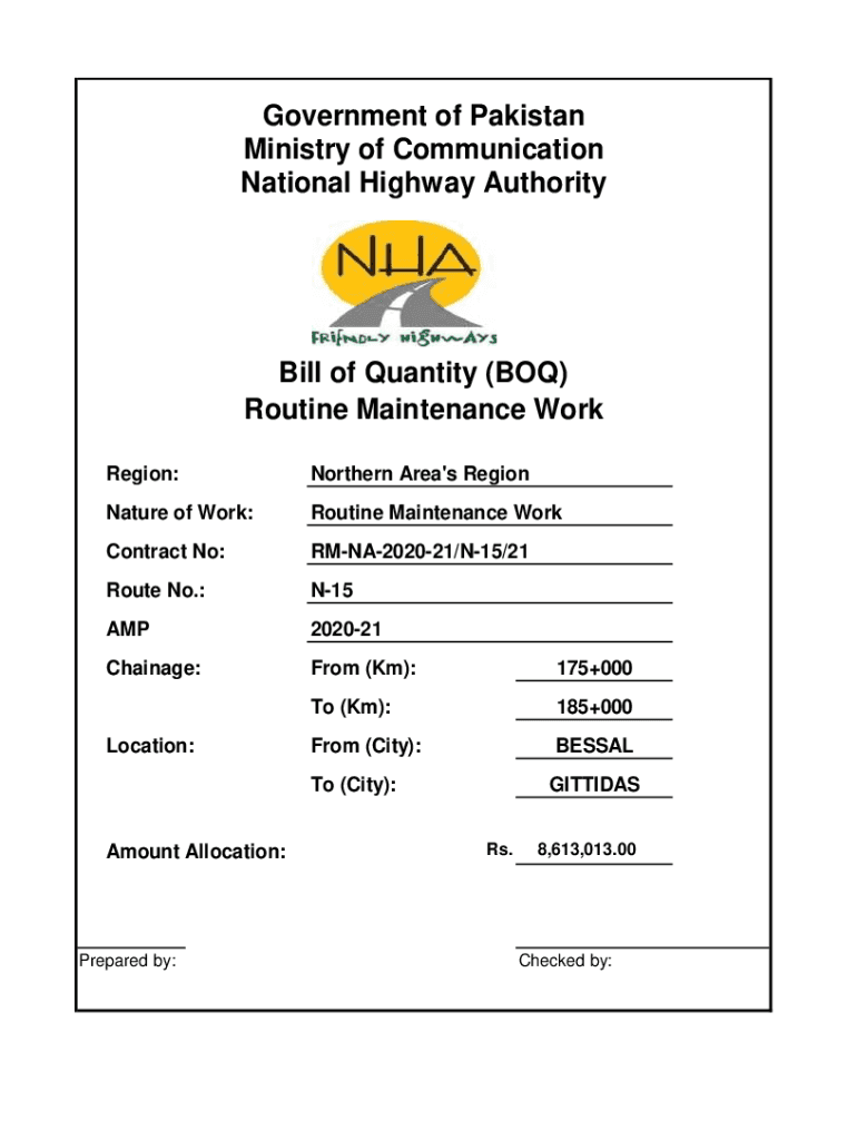 Fillable Online Government of Pakistan Bill of Quantity (BOQ) Fax Email ...