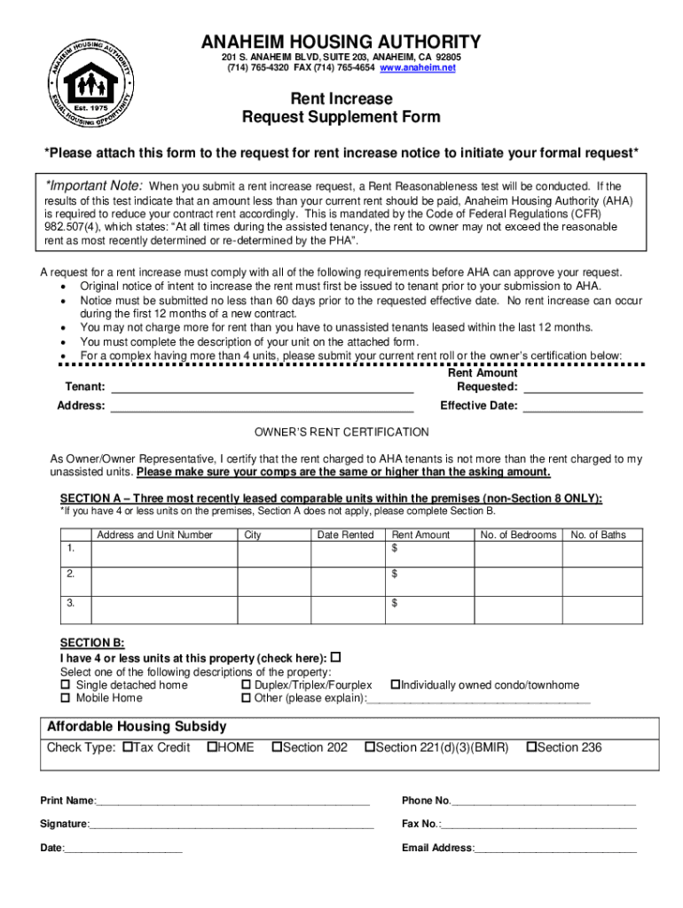 Fillable Online Rent Increase Request Supplement Form - Anaheim.net Fax ...