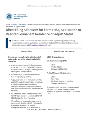 Fillable Online Direct Filing Addresses for Form I-485, Application to ...