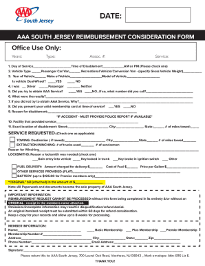Fillable Online AAA SOUTH JERSEY REIMBURSEMENT CONSIDERATION FORM ...
