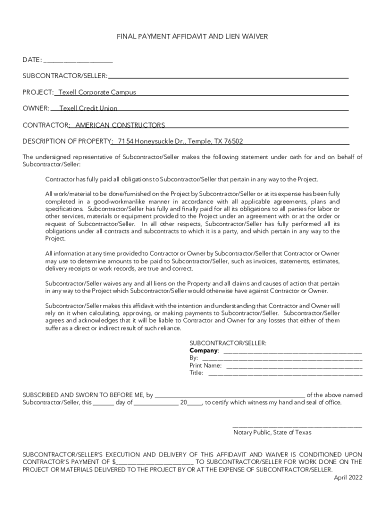Fillable Online Affidavit of Contractor Certifying Subcontractors Have Been Paid Fax Email Print ...