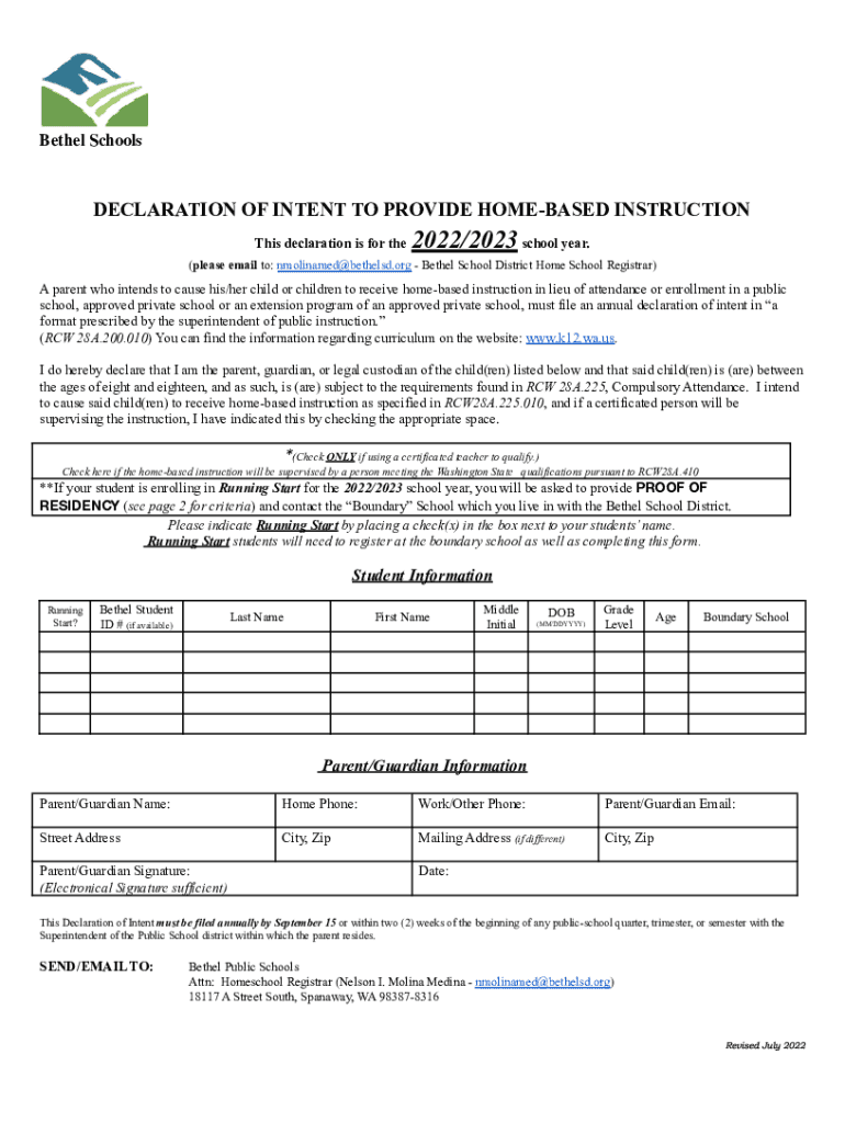 Fillable Online Fillable 2022 2023 DECLARATION OF INTENT TO PROVIDE HOME ... Fax Email Print ...