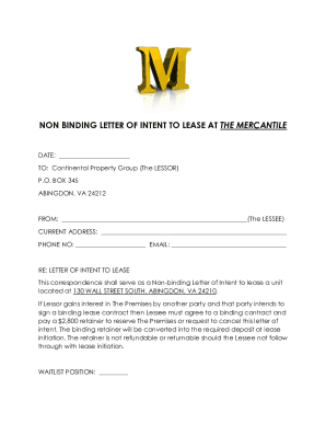 Fillable Online NON BINDING LETTER OF INTENT TO LEASE AT THE ... Fax ...