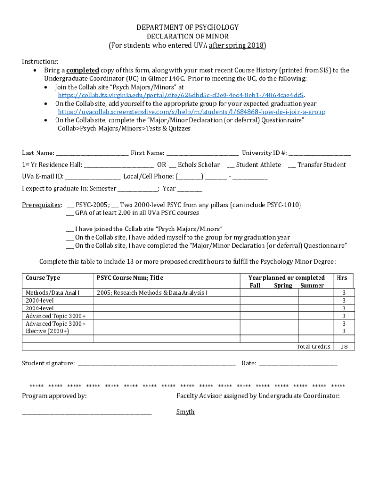Fillable Online psychology as virginia DEPARTMENT OF PSYCHOLOGY DECLARATION OF ... Fax Email ...