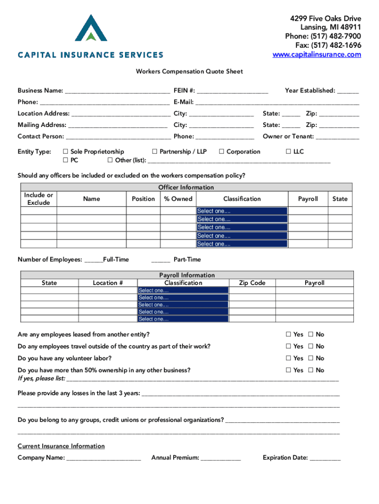 Fillable Online Workers Compensation Quote Sheet Fax Email Print - pdfFiller