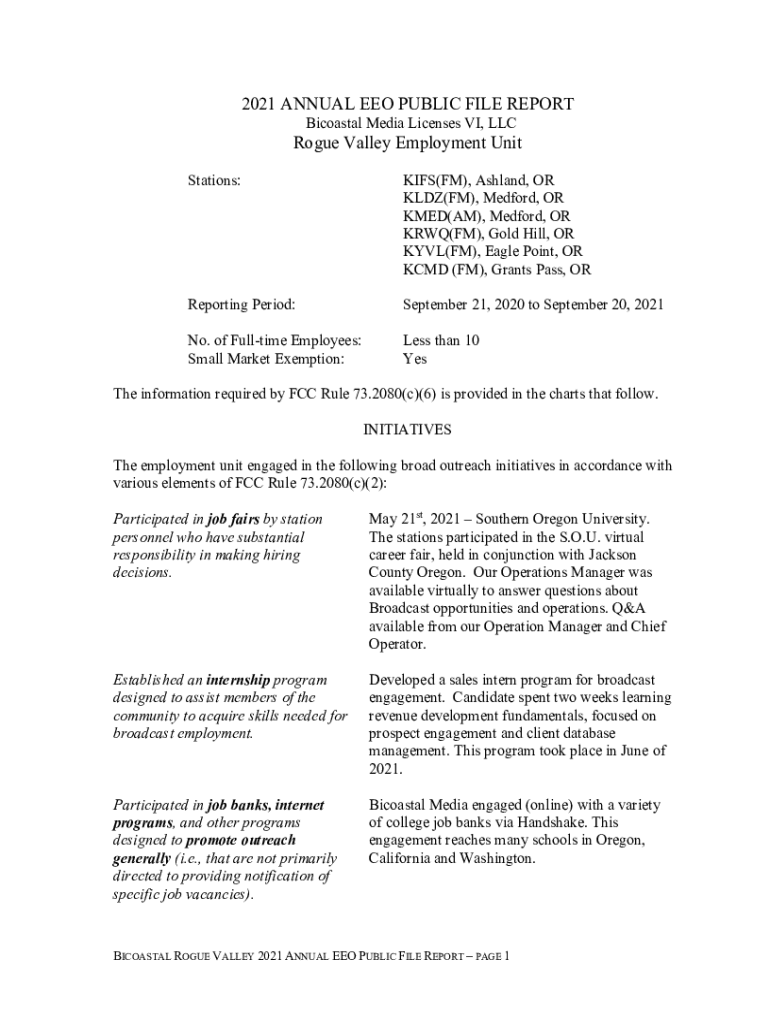 Fillable Online 2021 EEO Public File Report for Bicoastal Rogue Valley ...