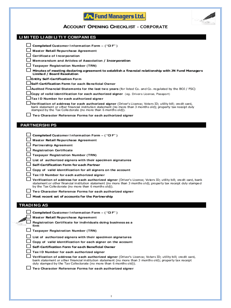 Fillable Online ACCOUNT OPENING CHECKLIST - JN Fund Managers Fax Email ...