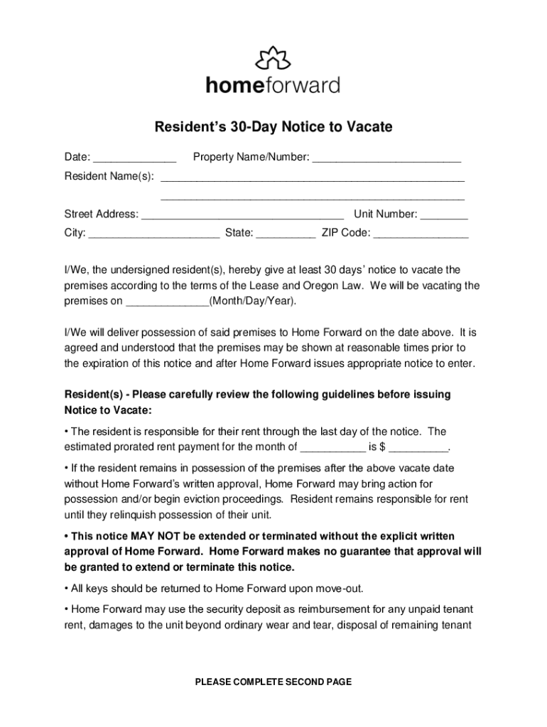 Fillable Online Resident's 30-Day Notice to Vacate Fax Email Print - pdfFiller