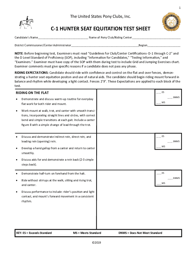 Fillable Online C-1 HUNTER SEAT EQUITATION TEST SHEET - Pony Club Fax ...