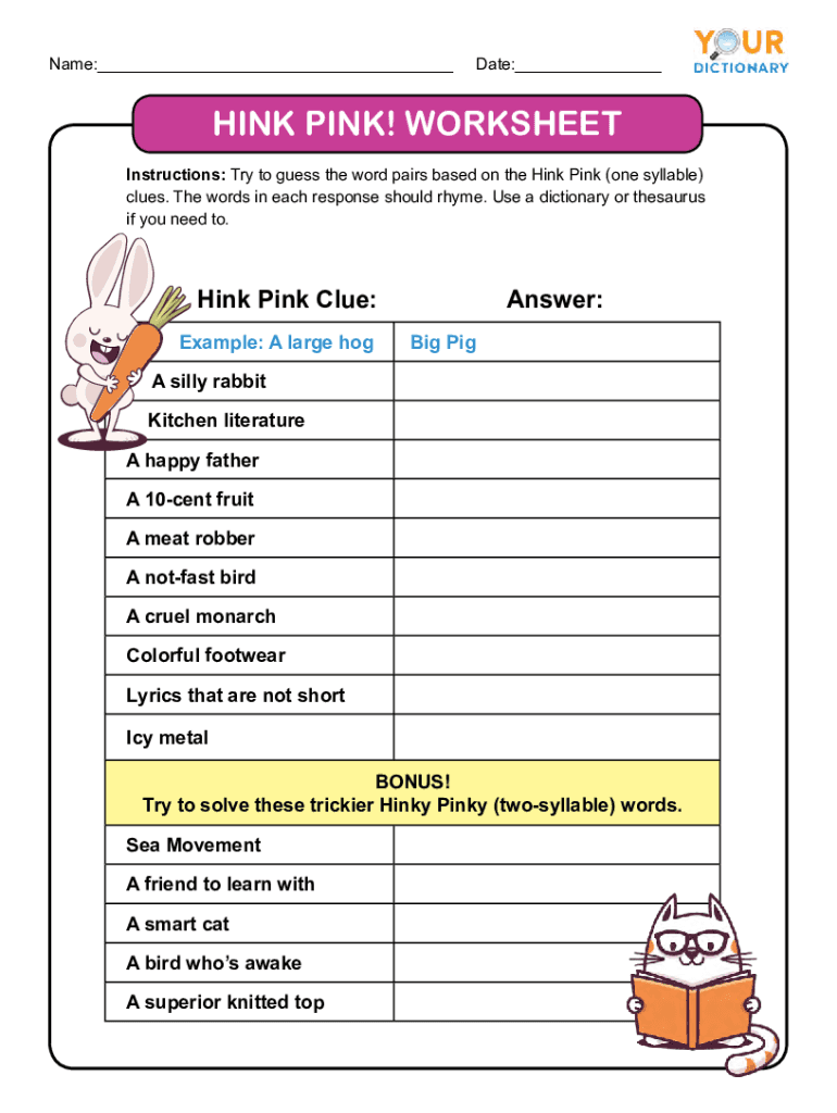 Fillable Online Hink Pink Rhymes - Super Teacher Worksheets Fax Email ...