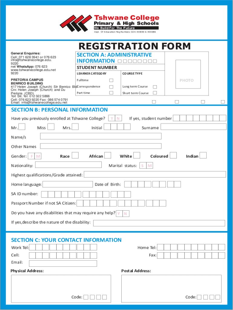 Fillable Online Tshwane Grae1 to12Reg Forms Fax Email Print - pdfFiller