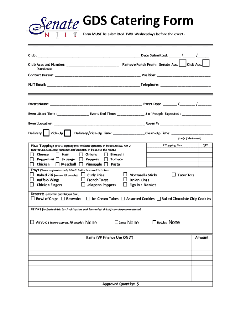 Fillable Online GDS Catering Form - NJIT STUDENT SENATE Fax Email Print ...