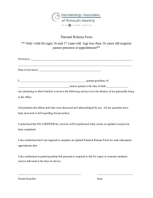 Fillable Online Parental Release Form ** Only valid for ages 16 and 17 ...
