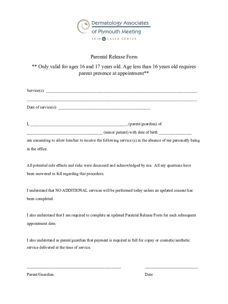 Fillable Online Parental Release Form ** Only valid for ages 16 and 17 ...