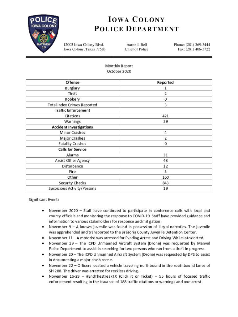 Fillable Online Iowa Colony Police Department - Fill Online, Printable ...