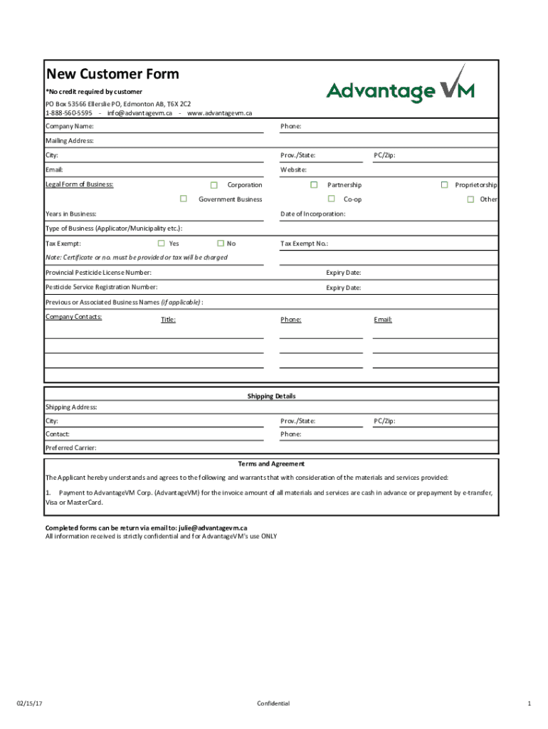 Fillable Online New Customer Form - AdvantageVM - v4.xlsx Fax Email ...