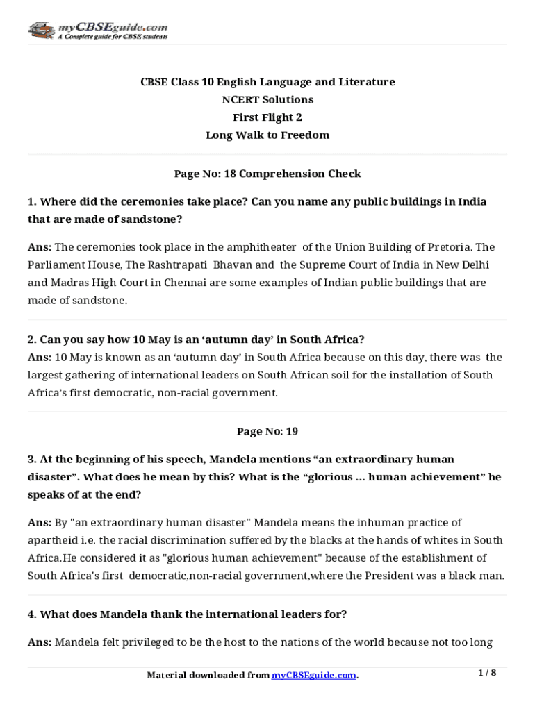 Fillable Online NCERT Solutions for Class 10th: Ch 2 Long Walk to ...