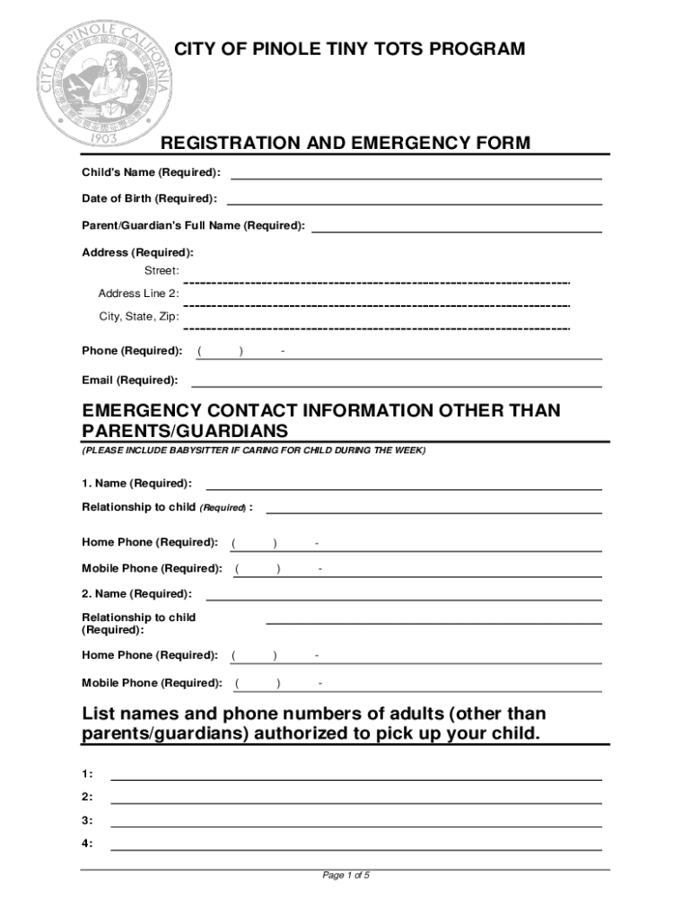 Fillable Online city of pinole tiny tots program registration and ...