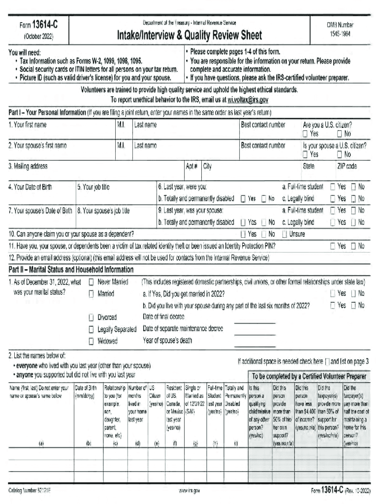 Fillable Online Form 13614-C (Rev. 10-2022). Intake/Interview & Quality Review Sheet Fax Email ...