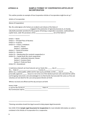 Fillable Online SAMPLE FORMAT OF COOPERATIVE ARTICLES OF ... Fax Email ...