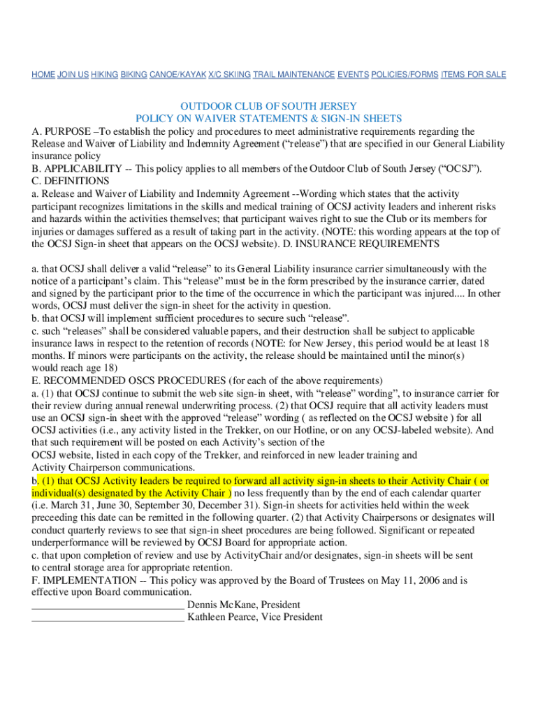 Fillable Online OCSJ Policy on waivers and sign-in sheets Fax Email Print - pdfFiller