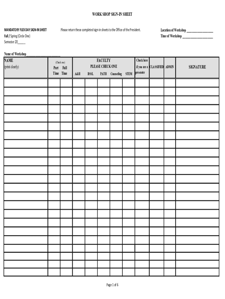Fillable Online WORK SHOP SIGN-IN SHEET NAME SIGNATURE FACULTY Fax ...