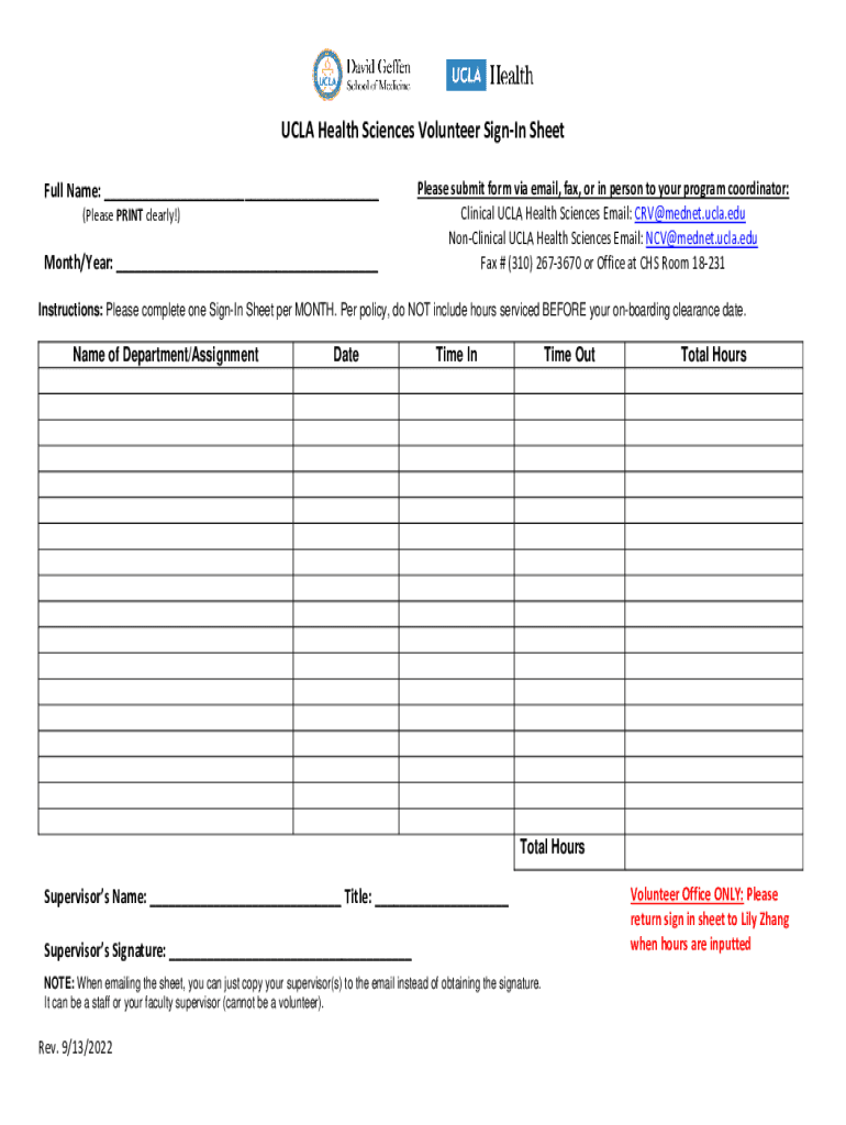 Fillable Online UCLA Health Sciences Volunteer Sign-In Sheet Fax Email ...