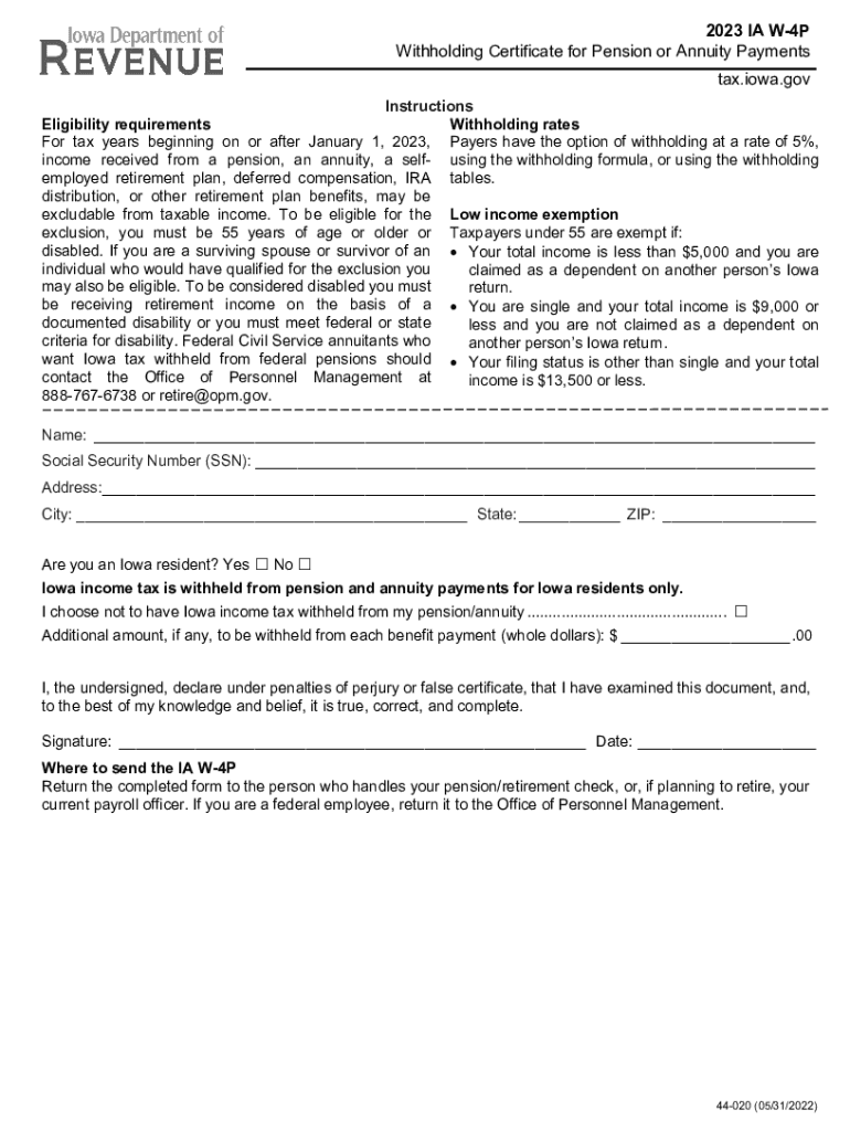 Fillable Online 2023 IA W-4P Withholding Certificate for Pension or ...