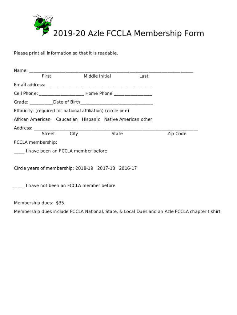 FCCLA MEMBERSHIP 2019-2020.docx - Azle ISD Doc Template | pdfFiller