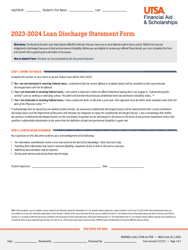 Fillable Online 2023-2024 Loan Discharge Statement Form UTSA One Stop ...