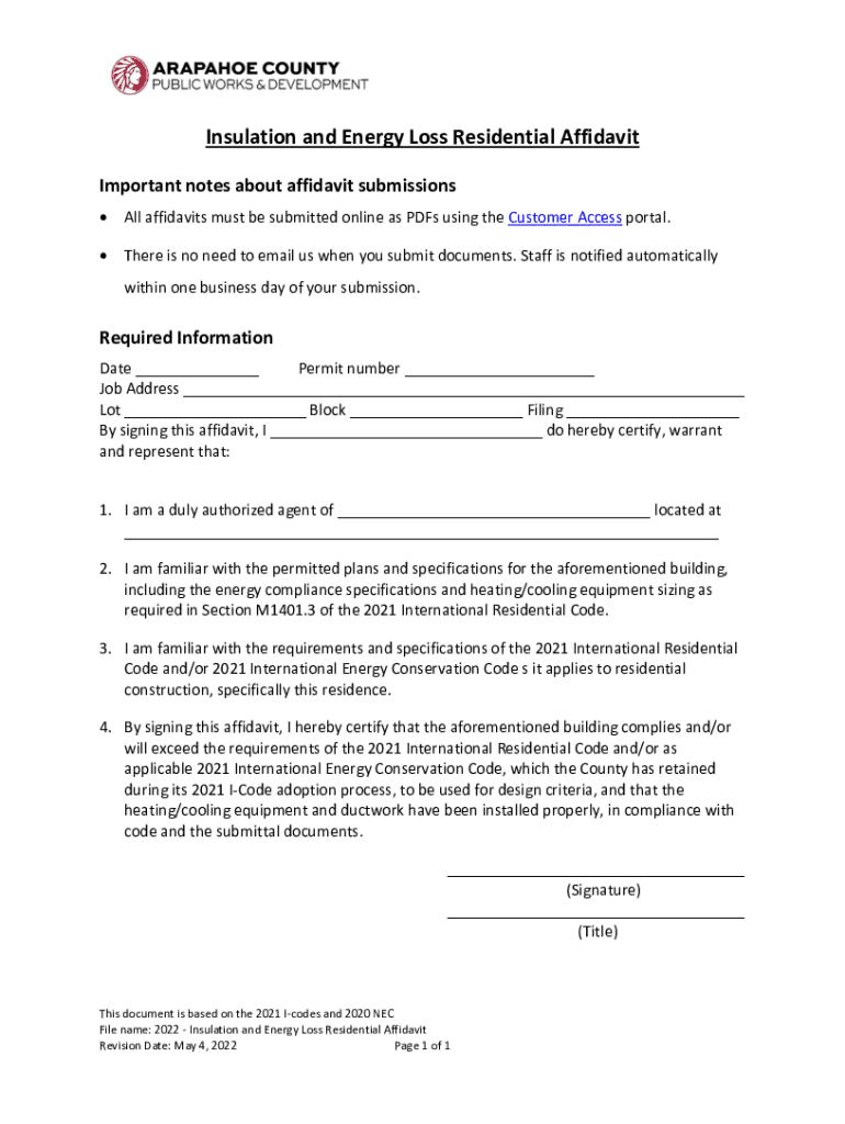 Fillable Online Insulation and Energy Loss Residential Affidavit Fax ...