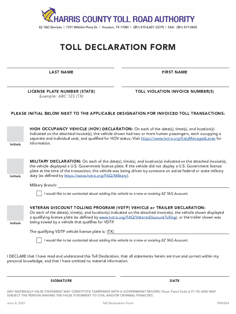 Fillable Online TOLL DECLARATION FORM Fax Email Print - pdfFiller