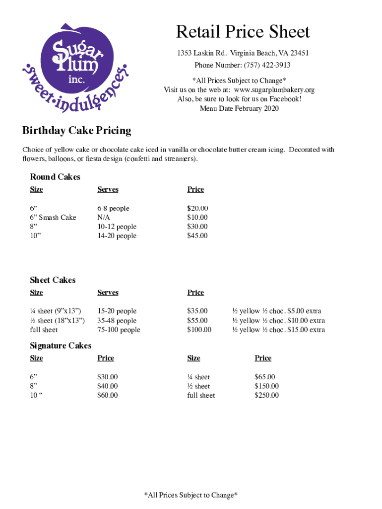 Fillable Online Retail Price Sheet - Sugar Plum Bakery - Paperzz.com ...