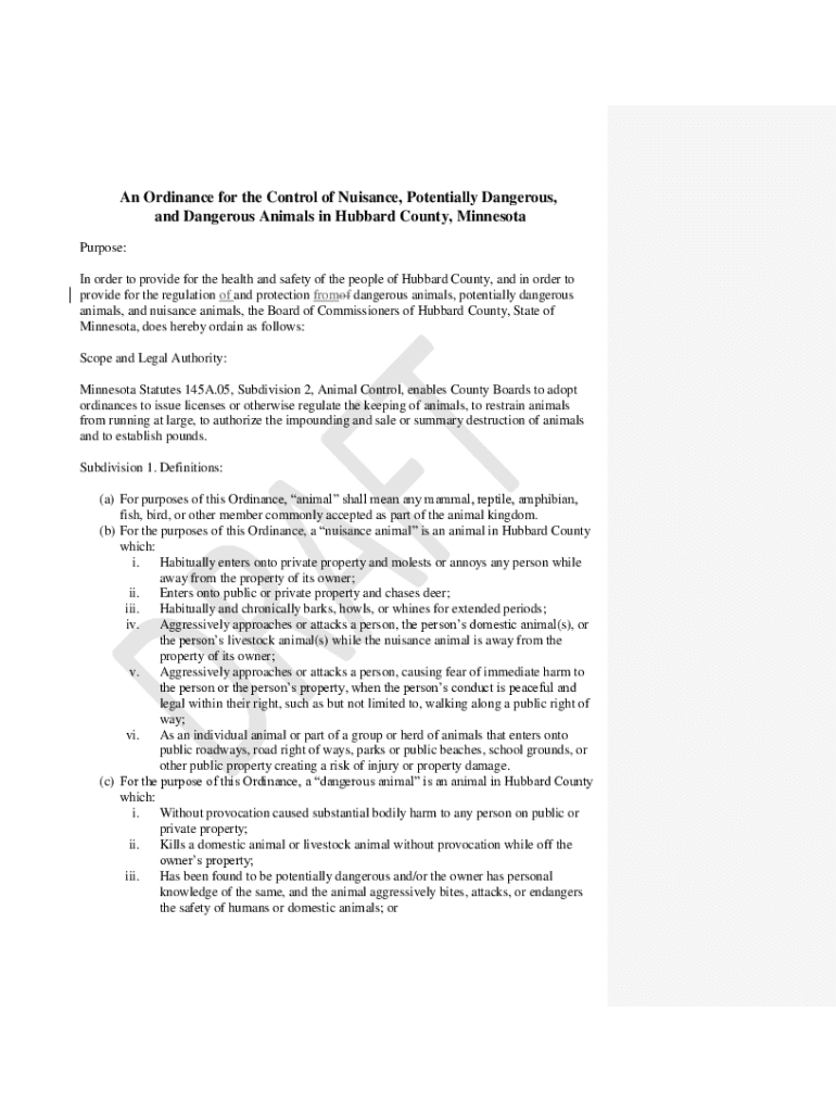 Fillable Online An Ordinance for the Control of Nuisance, Potentially ...