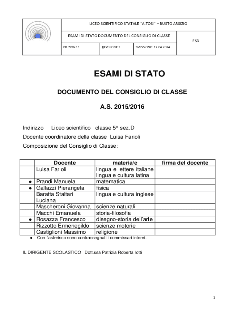 Fillable Online liceotosi.gov.itCLASSE V (1) liceo scientifico (2 ...