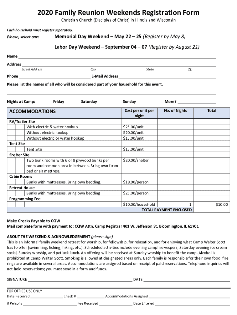 Fillable Online 2020 Family Reunion Weekends Registration Form Fax ...