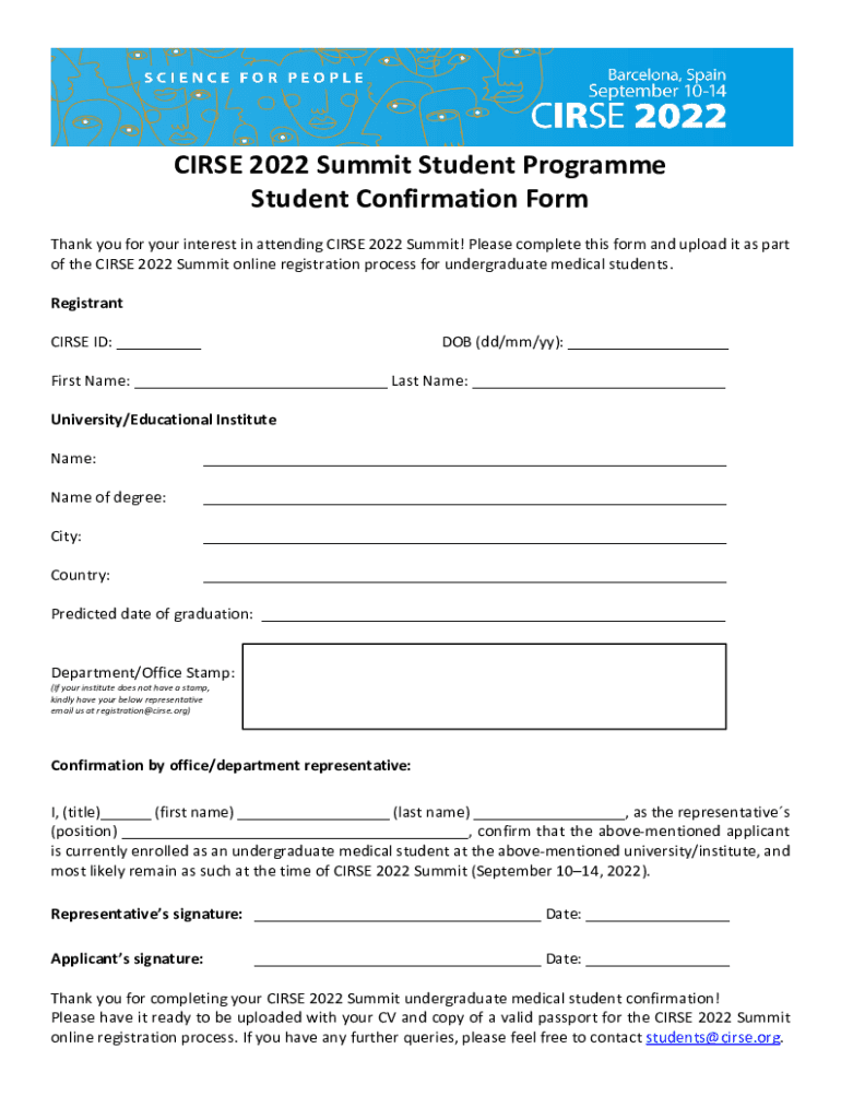 Fillable Online CIRSE-2022-Summit-Student-Confirmation-Form. ... Fax ...