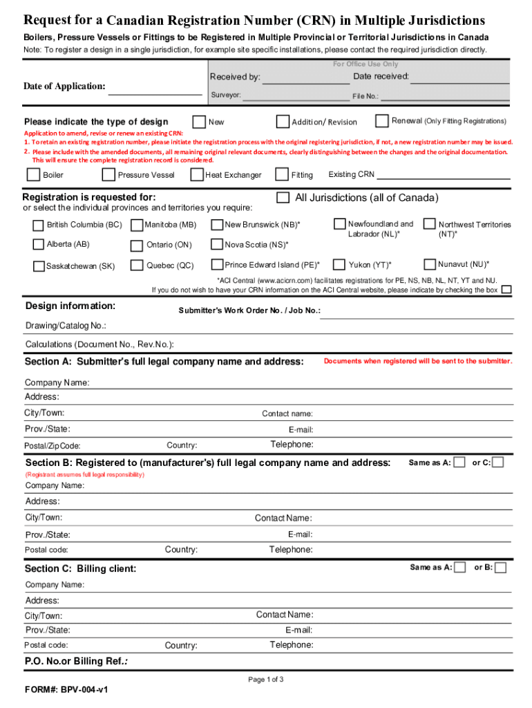Fillable Online Boilers and Pressure Vessels: Canadian Registration ...