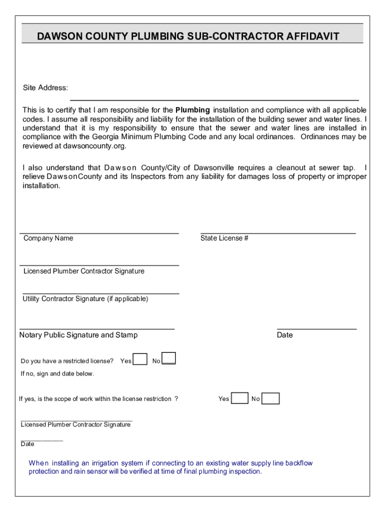 Fillable Online PLUMBING Sub-Contractor Affidavit - Stewart County, GA ...